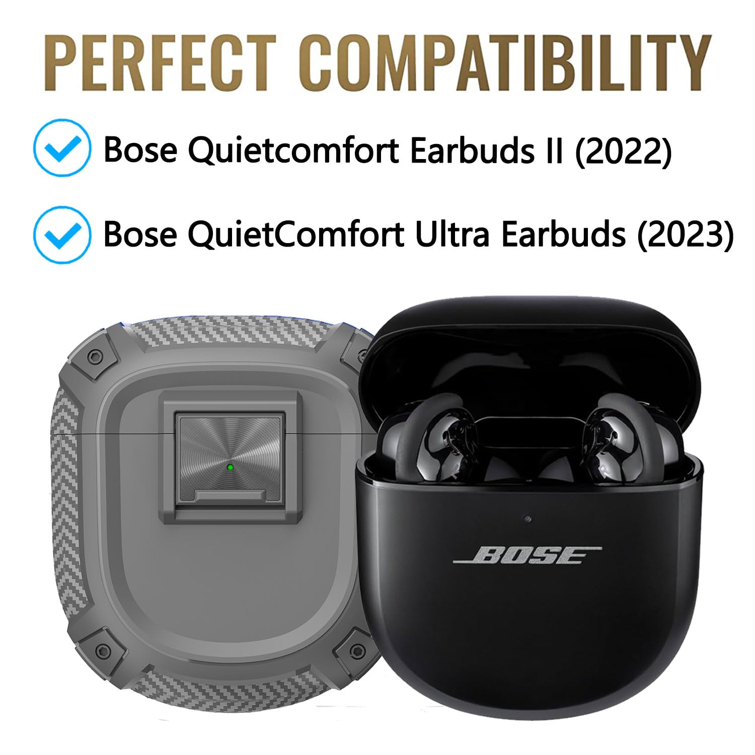 JIML [Upgrade Secure Lock] for with Bose QuietComfort Earbuds II (2022) / Ultra Earbuds (2023) Case TPU Military Shell Protective Cover Skin Shock-Absorbing with Keychain and Lanyard (Gray)