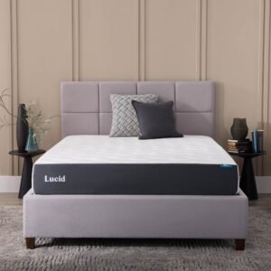 lucid 10 inch memory foam mattress - firm feel - infused with bamboo charcoal and gel - bed in a box - temperature regulating - pressure relief - breathable - full size