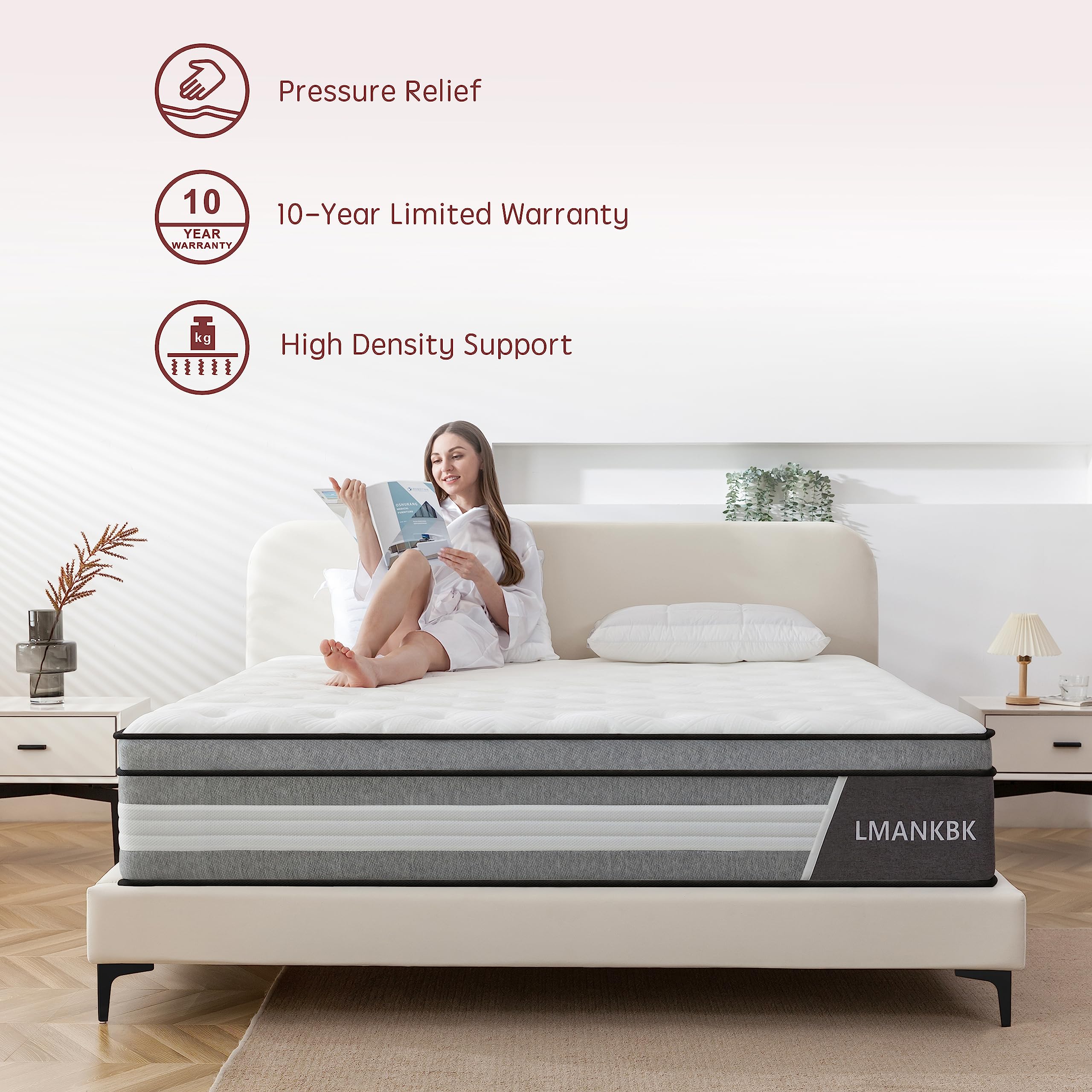 LMANKBK Full Mattress, 10 Inch Innerspring Hybrid Mattress in a Box with Gel Memory Foam, Individually Wrapped Encased Coil Pocket Spring Mattress, Pressure Relief, Medium Firm Support, 54"*75"*10"…