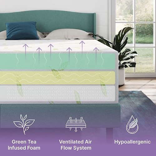 NapQueen Twin Size Mattress, 6 Inch Anula Green Tea Infused Memory Foam Mattress, Twin Size Mattress Bed in a Box, CertiPUR-US Certified Mattress