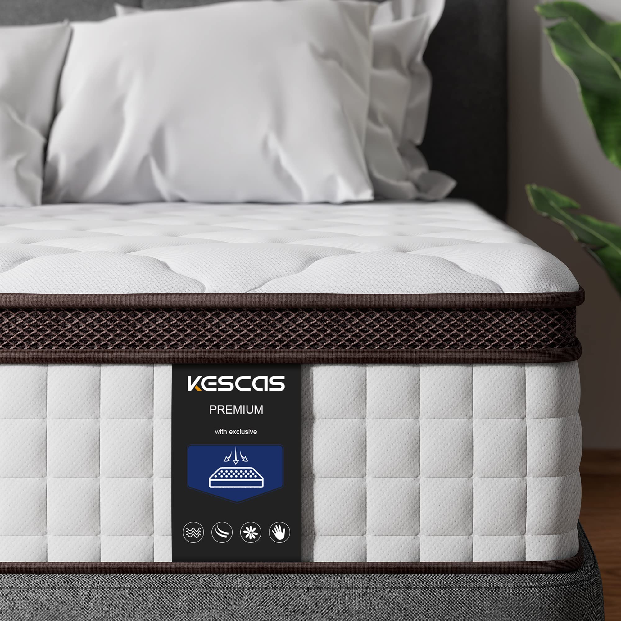 Kescas King Size Mattress, 12 Inch Hybrid Mattress with Memory Foam & Heavier Coils, Ergonomic Design for Pressure Relief, Medium Firm Feel