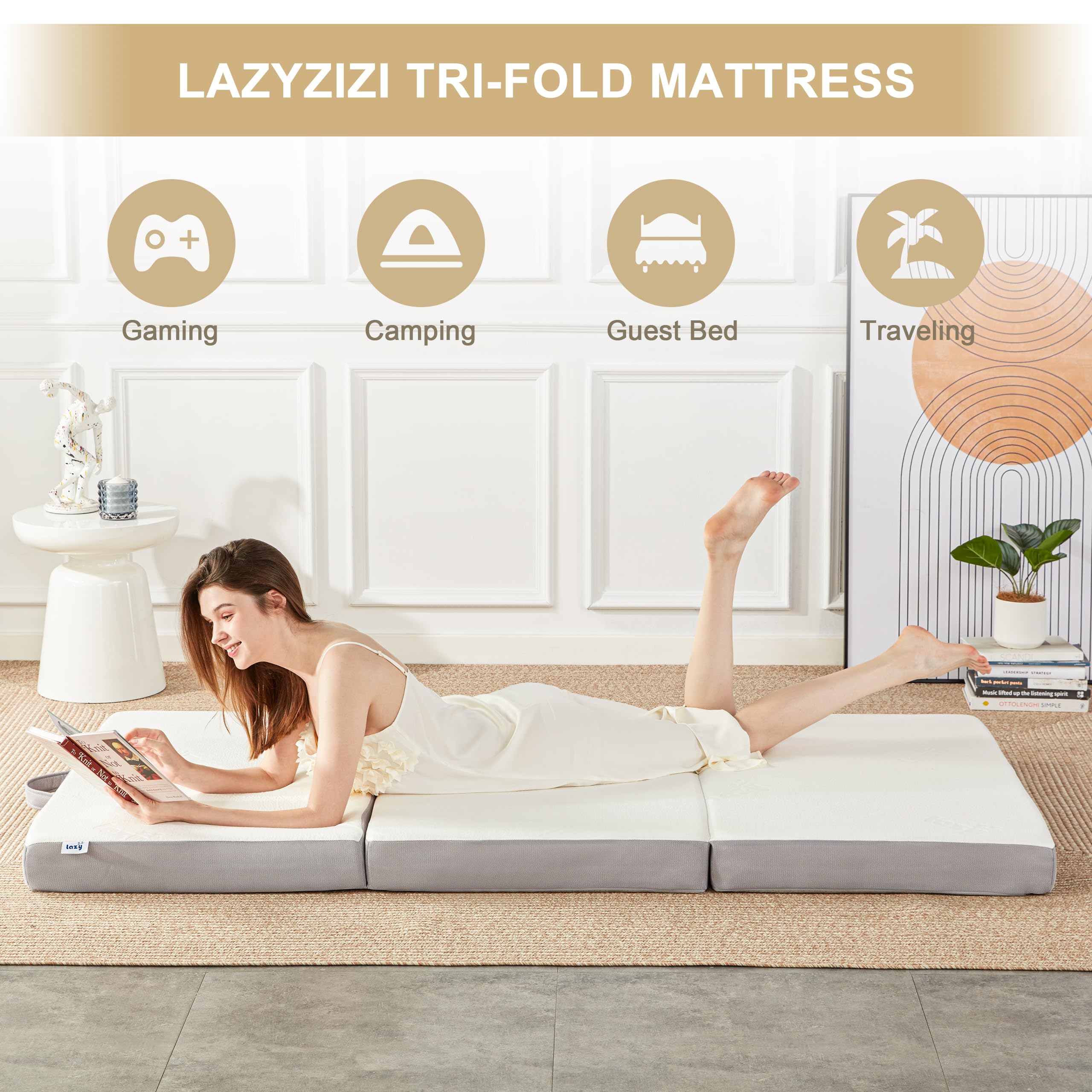 Lazyzizi Foldable Mattress, 3 Inch Memory Foam Trifold Mattress with Breathable & Washable Bamboo Fiber Fabric Cover, Folding Floor Mattress Guest Bed for Camping, Road Trip, Single