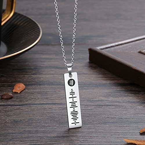 Personalized Music Spotify Scan Code Necklace Custom Bar Pendant Necklace for Women Men Engraved Name Necklace Stainless Steel Necklace Jewelry Gift(Silver)