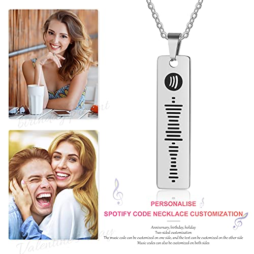 Personalized Music Spotify Scan Code Necklace Custom Bar Pendant Necklace for Women Men Engraved Name Necklace Stainless Steel Necklace Jewelry Gift(Silver)