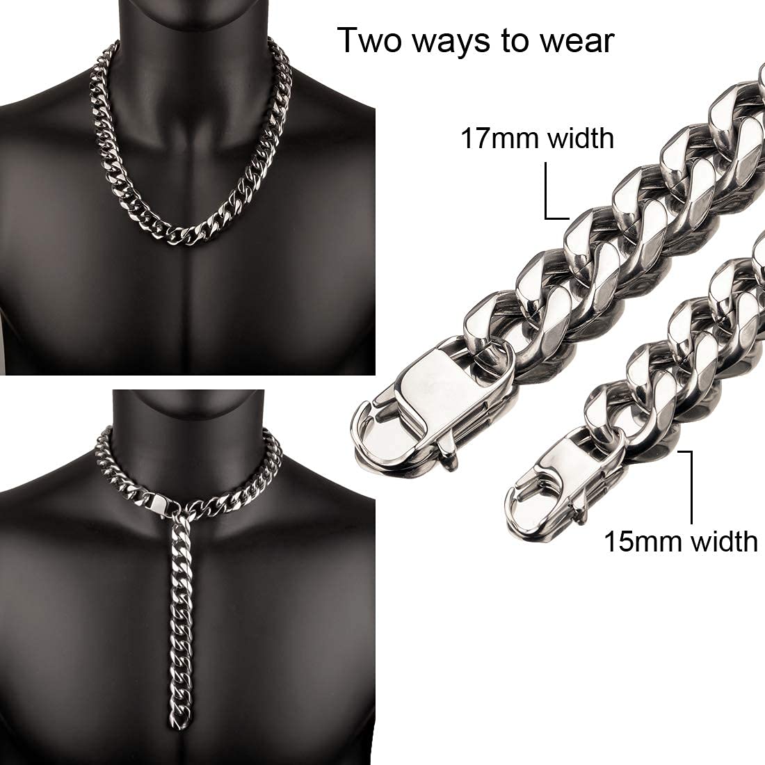 Hip Hop Mens Choker Stainless Steel Miami Chain Curb Cuban Link Rapper Necklace Jewelry with Tail (20", 15mm width)