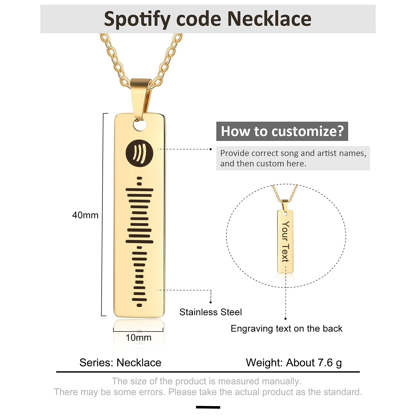 ALBERTBAND Spotify Necklace Custom Music Personalized Spotify Scan Necklace for Women Custom Spotify Code Necklace for Men Music Song Necklaces Friendship Necklace Couple Necklace (Gold)