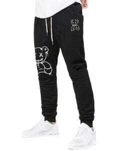 wdirara men's cartoon bear print drawstring waist sweatpants with pocket black m