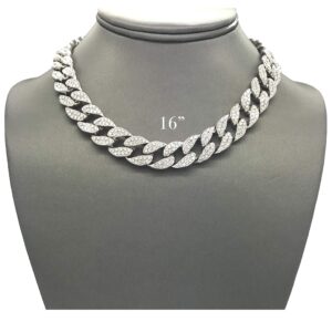 Shiny Jewelers USA Mens Iced Out Hip Hop Silver tone CZ Miami Cuban Link Chain Choker Necklace (16")