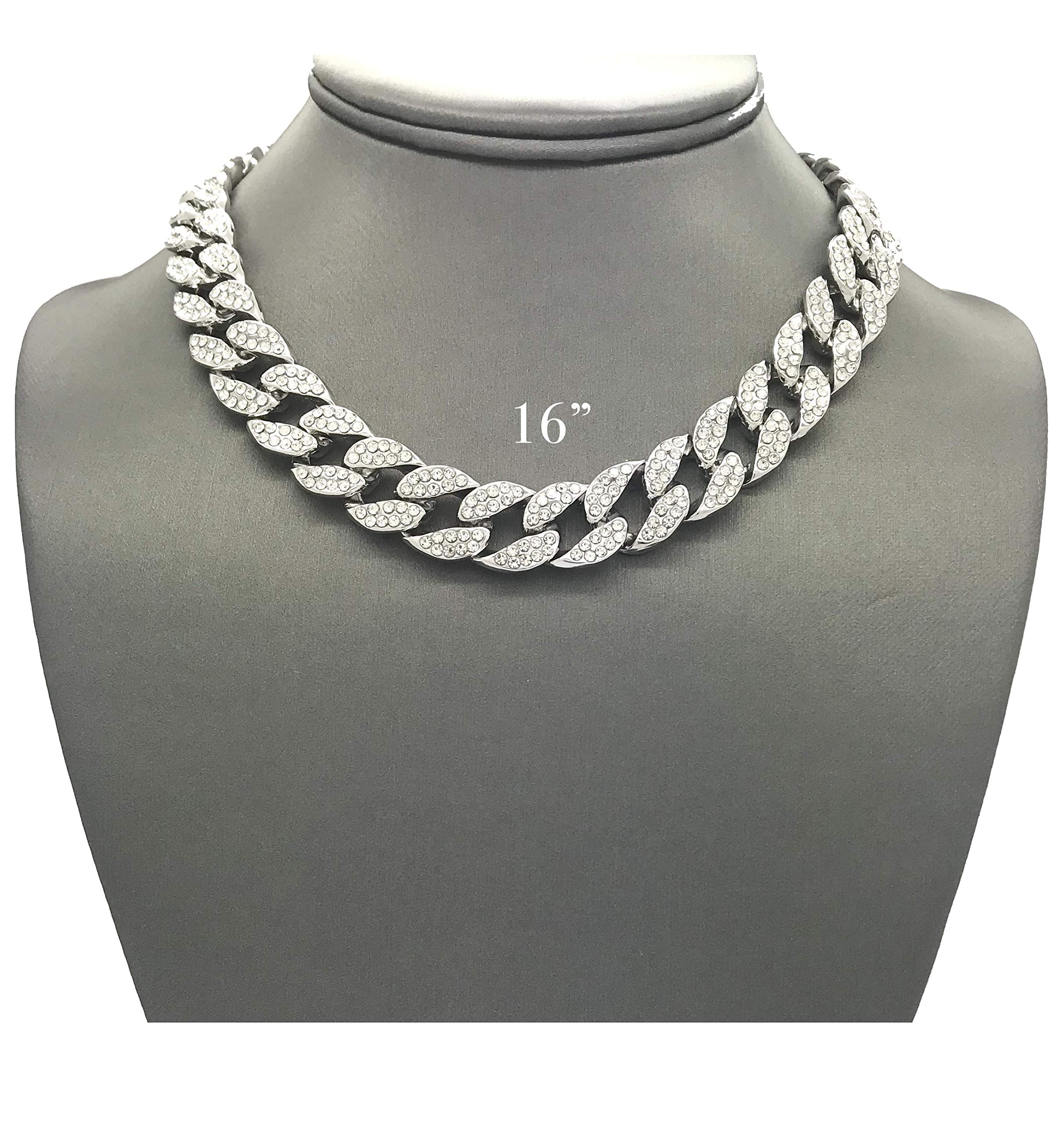 Shiny Jewelers USA Mens Iced Out Hip Hop Silver tone CZ Miami Cuban Link Chain Choker Necklace (16")