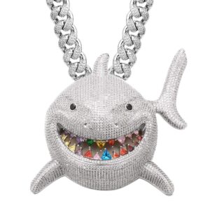 yimeraire hip hop jewelry shark pendant with iced out cuban link chain large iced out pendant 18k gold plated colorful teeth 3d 12mm premium zircon fish animal diamond necklace