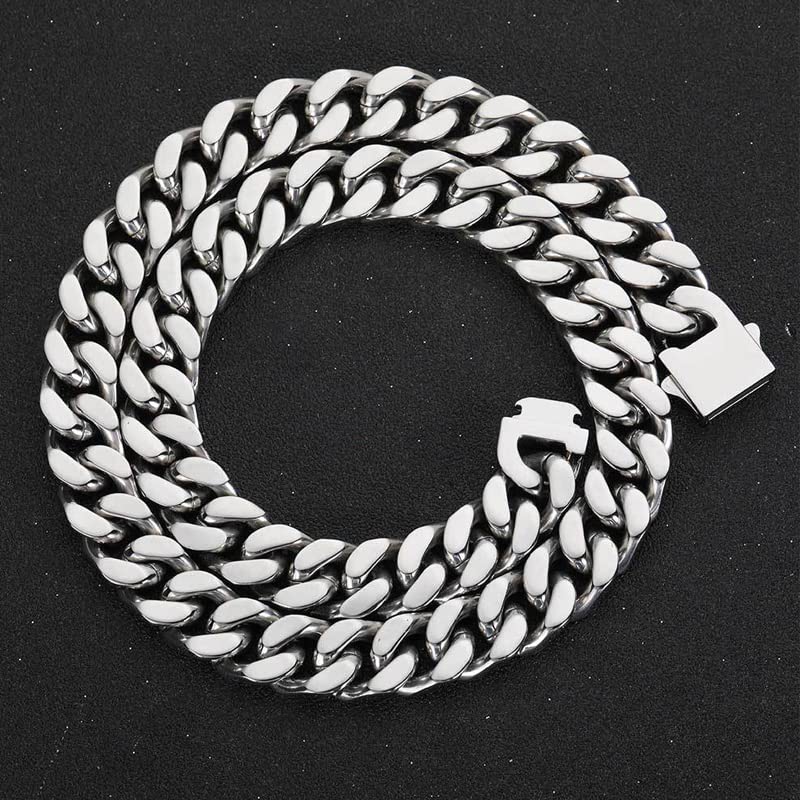 12mm Miami Cuban Link Chain for Men Women 316L Stainless Steel Boys Hiphop Silver Color Choker Necklace 16/18/20/22/24/26 Inches (20 inches Men's choker length)