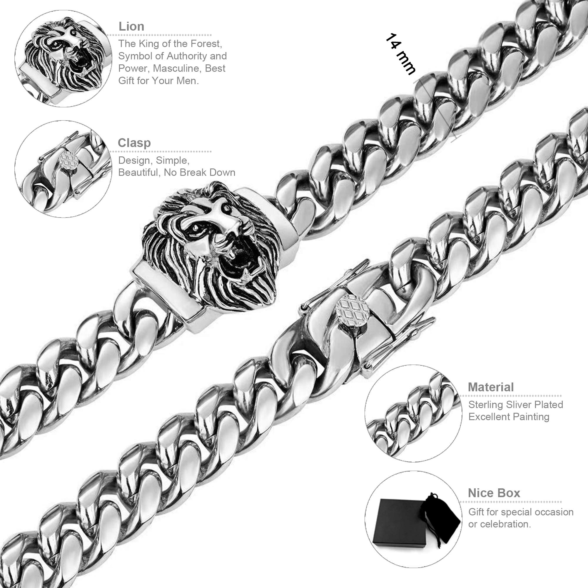 W/W Lifetime Cuban Link Chain for Men Lion Choker Hip Hop Silver Necklace 18",20" Jewelry, 14mm Polishing Stainless Steel