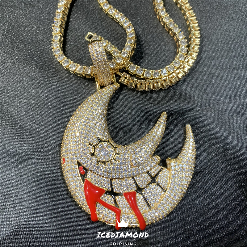 ICEDIAMOND Shiny CZ Simulated Diamond Grinning Crescent Moon Necklace, Iced Out Zircon Gothic New Moon Pendant, Gold Plated Hip Hop Charm Jewelry for Men (Gold)