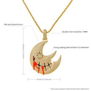 ICEDIAMOND Shiny CZ Simulated Diamond Grinning Crescent Moon Necklace, Iced Out Zircon Gothic New Moon Pendant, Gold Plated Hip Hop Charm Jewelry for Men (Gold)