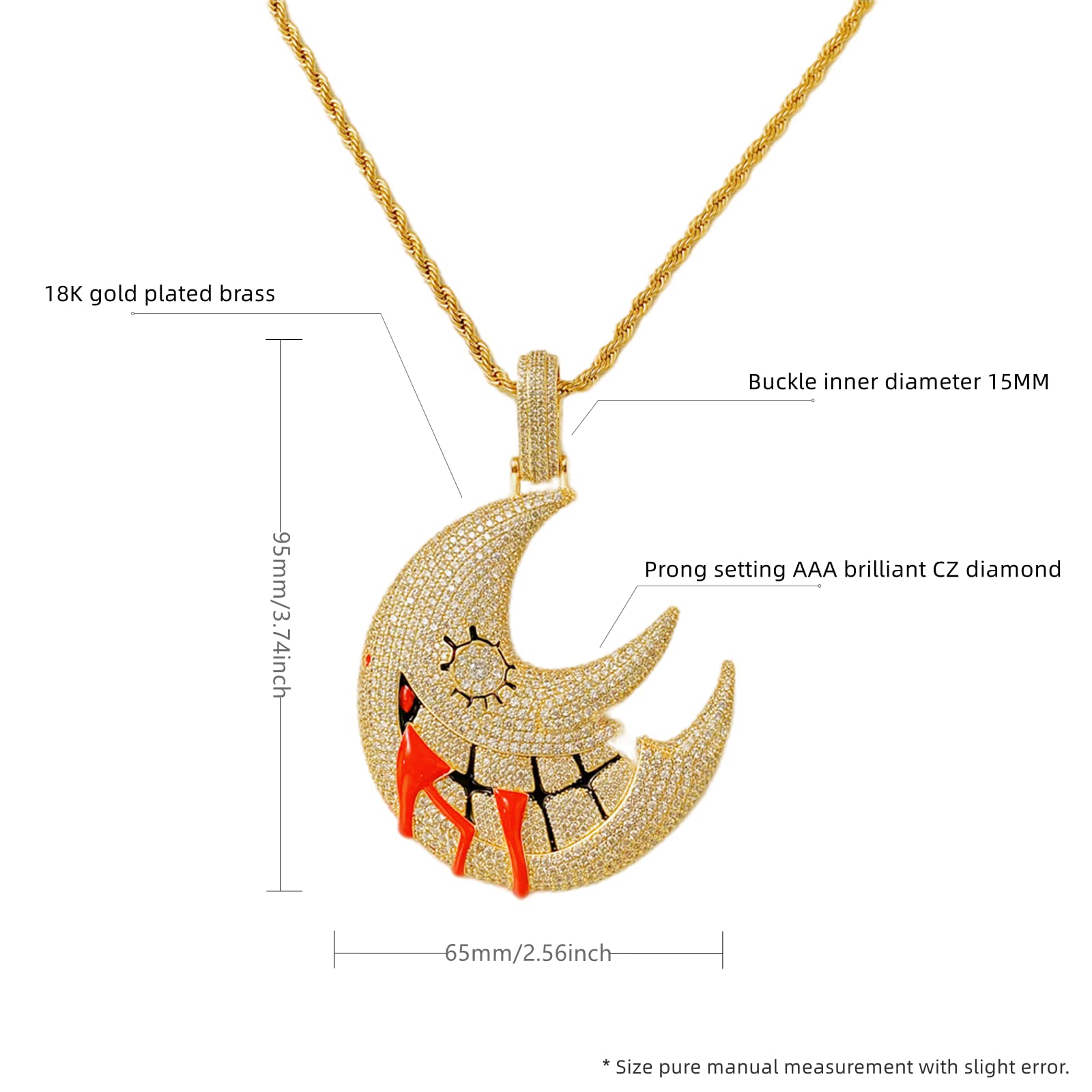 ICEDIAMOND Shiny CZ Simulated Diamond Grinning Crescent Moon Necklace, Iced Out Zircon Gothic New Moon Pendant, Gold Plated Hip Hop Charm Jewelry for Men (Gold)