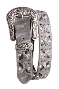 nomad creek women's criss cross laced rhinestone studded leather belt (pewter, sm)