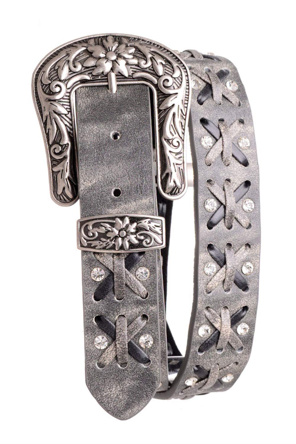 Nomad Creek Women's Criss Cross Laced Rhinestone Studded Leather Belt (PEWTER, SM)