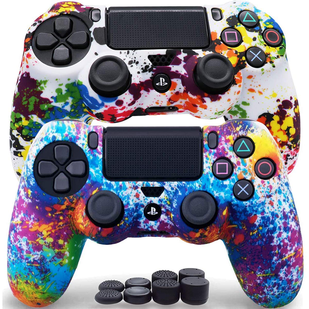 Sofunii 2pcs Skin for PS4 Controller, Anti-Slip Silicone Cover Shell Case with 8 Thumb Grip Caps, Compatible with PlaySation 4 Slim/Pro Controller DualShock 4 Wireless/Wired Gamepad (Rainbow)