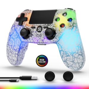 wireless controller for ps4, led backlit controller for sony playstation 4, double shock 6-axis motion sensor, 1000mah battery, built-in speaker & 3.5mm headphone jack, adjustable rgb backlight, white