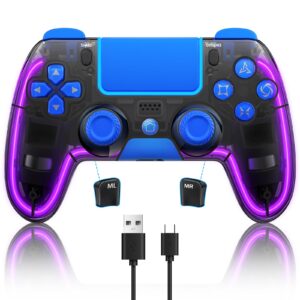 honghao controllers for ps4, led wireless ps4 remote with hall 3d joystick, dual 4 shock rgb custom game controllers for playstation 4 | customizable buttons| responsive control (blue)