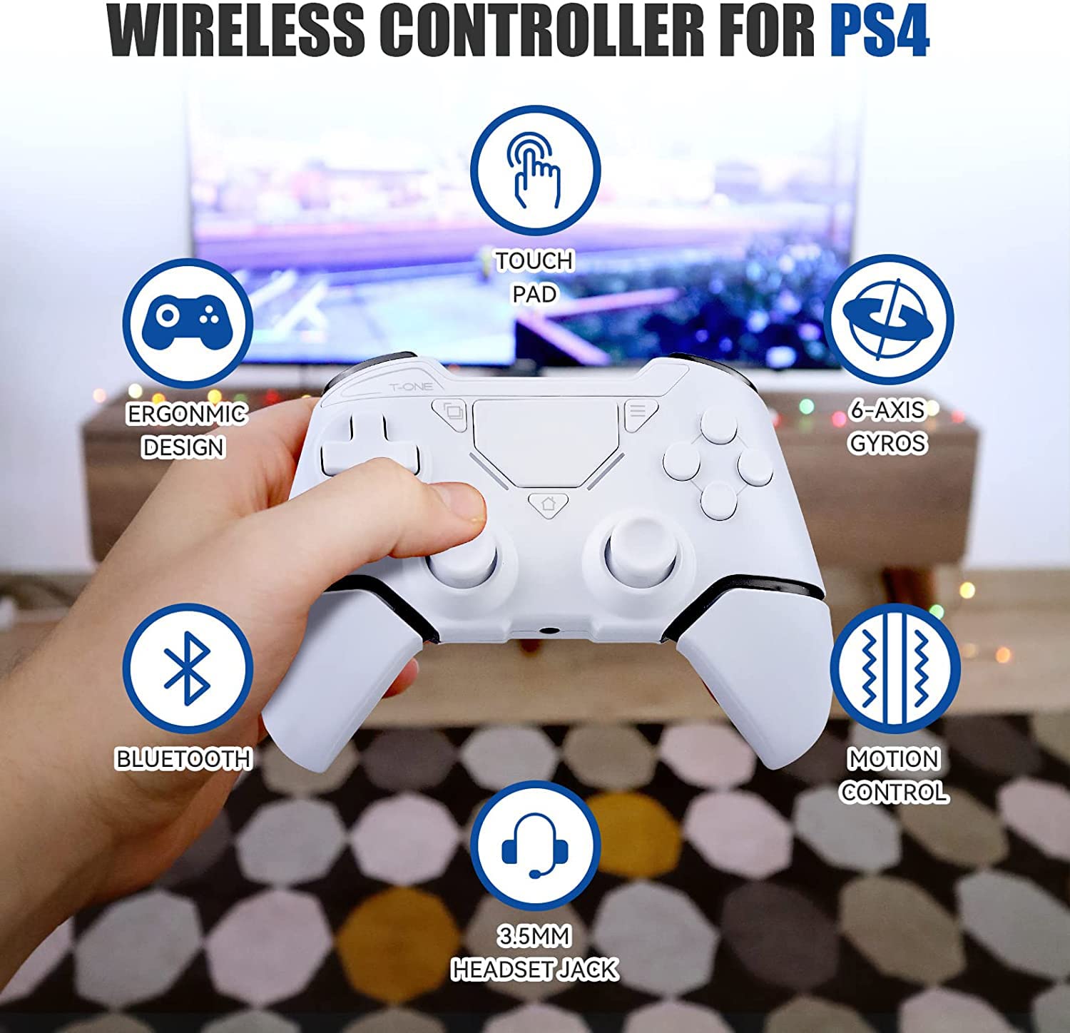 Wireless Controller for PS-4,Wireless Game Controller for PS-4/Pro/Slim Console, with Dual Vibration/6-Axis Gyro Sensor/Audio Function compatible for PC Platform (White)