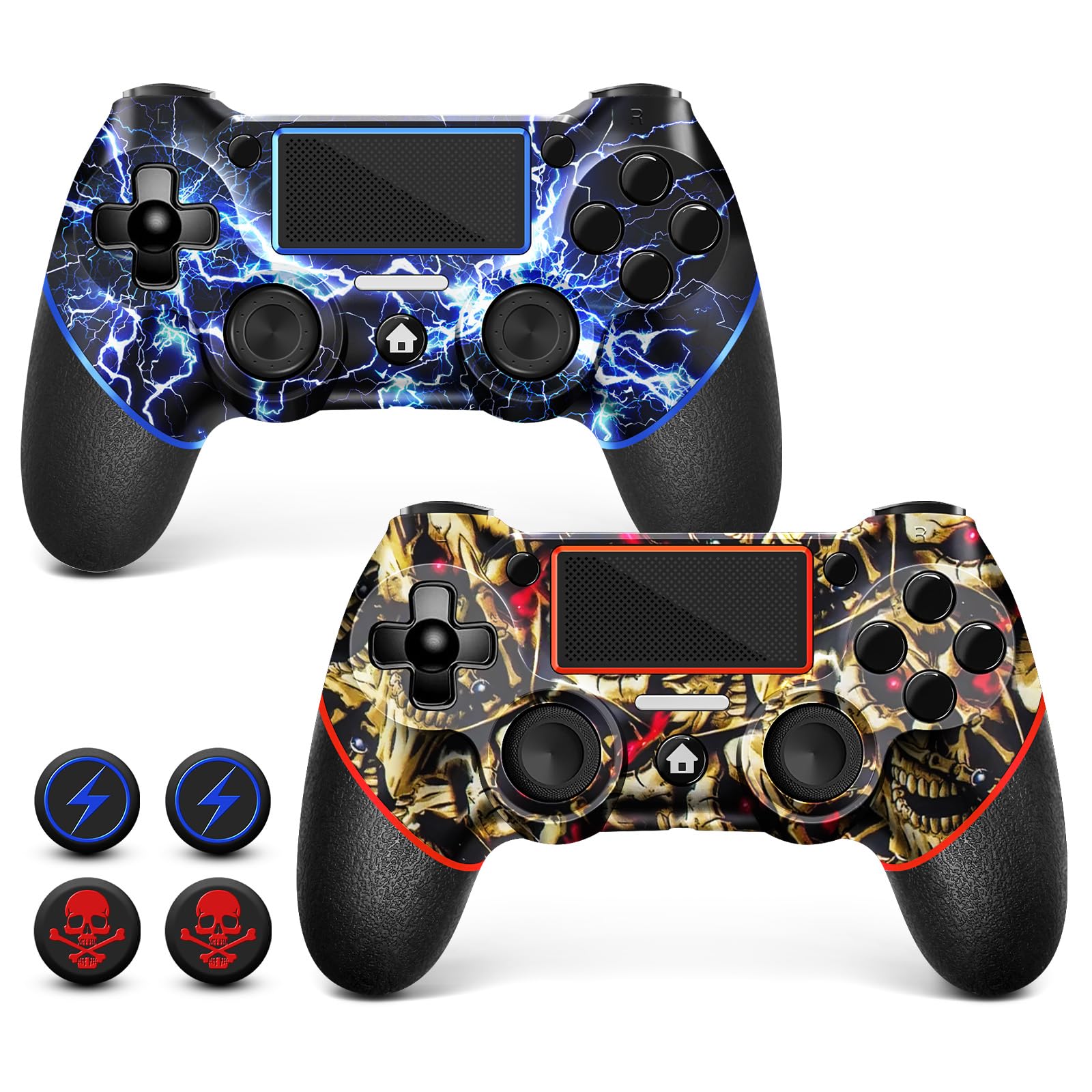 AceGamer 2 Pack Wireless Controller for PS4, Thumb Caps Included! (Gold-Skull and Lightning)