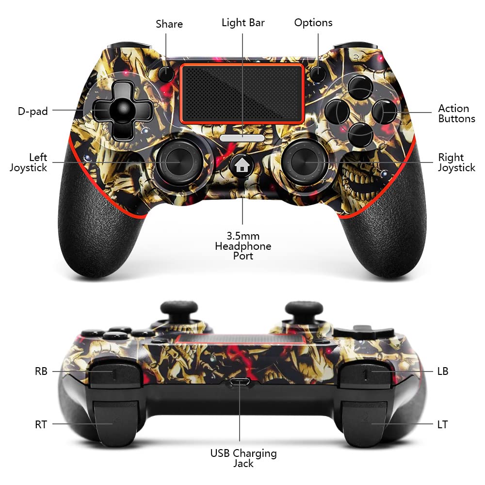 AceGamer 2 Pack Wireless Controller for PS4, Thumb Caps Included! (Gold-Skull and Lightning)