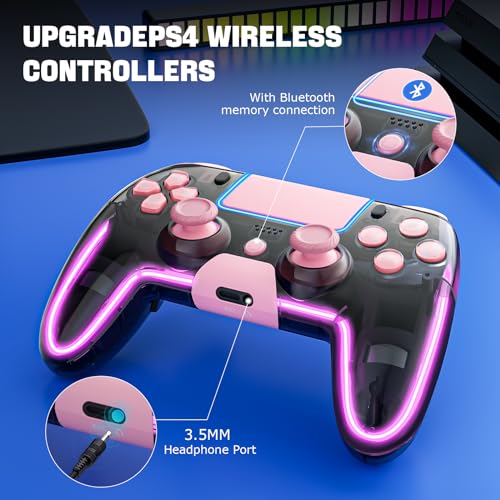 BRHE Wireless Controller forPS4 with Hall 3D Joysticks/RGB LED Lights/Programming Funtion,Pink PS4Controller Remote Joystick Gamepad,Game Controller for PS4/Slim/Pro