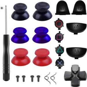 yosikr thumbsticks joystick for playstation 4 ps4 controller with cross screwdriver + l2 r2 l1 r1 trigger replacement parts + abxy bullet buttons + d-pad + small spring (balck,red,blue)