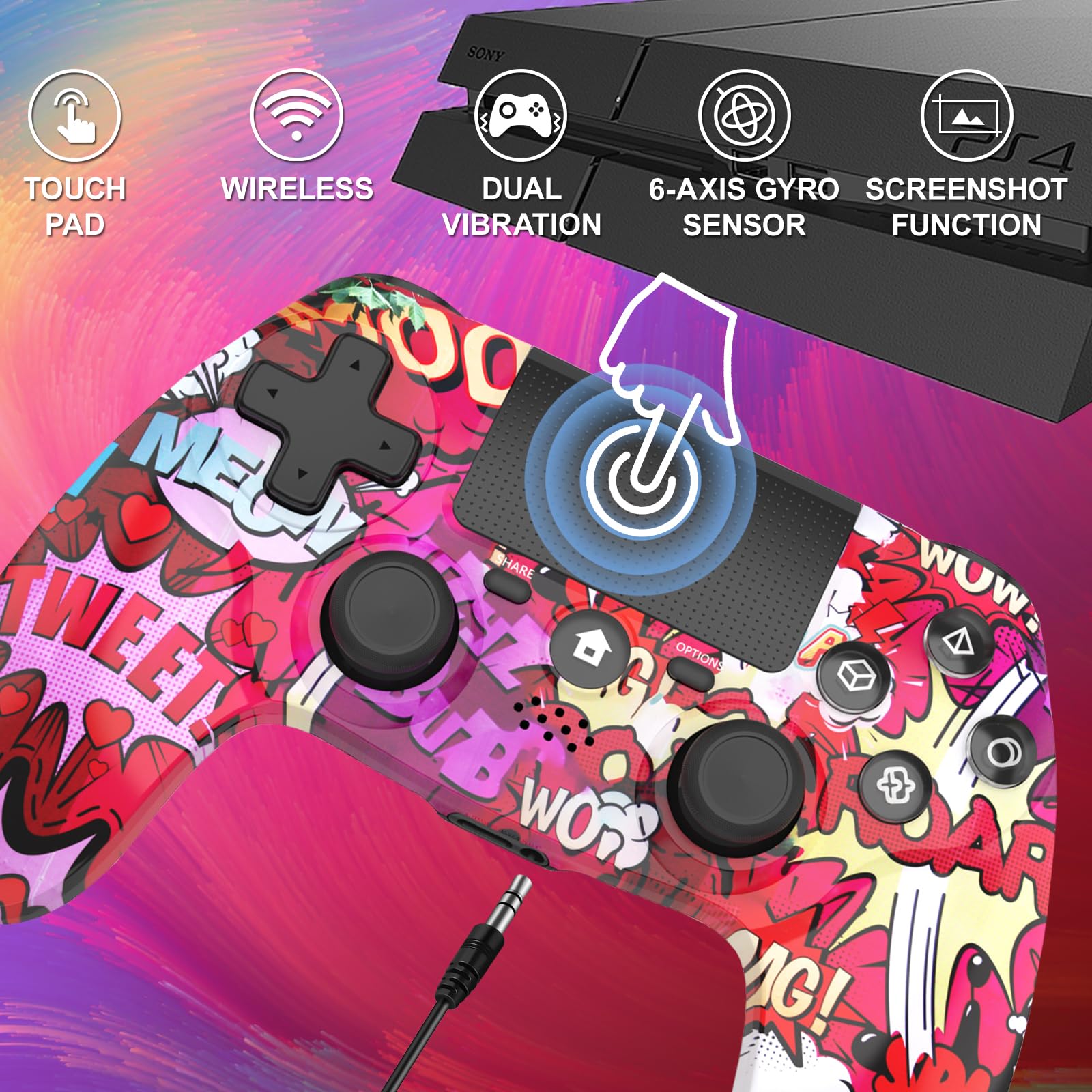 DYONDER Wireless Controller for PS4, Wireless Remote Gamepad with/Dual Vibration/6-Axis Motion Sensor/Audio Function, Game Controller Widely Compatible with PS4/PC/iOS(PINK)