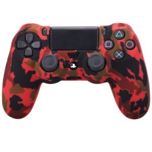 YoRHa Water Transfer Printing Camouflage Silicone Cover Skin Case for Sony PS4/slim/Pro Dualshock 4 Controller x 1(red) with Pro Thumb Grips x 8