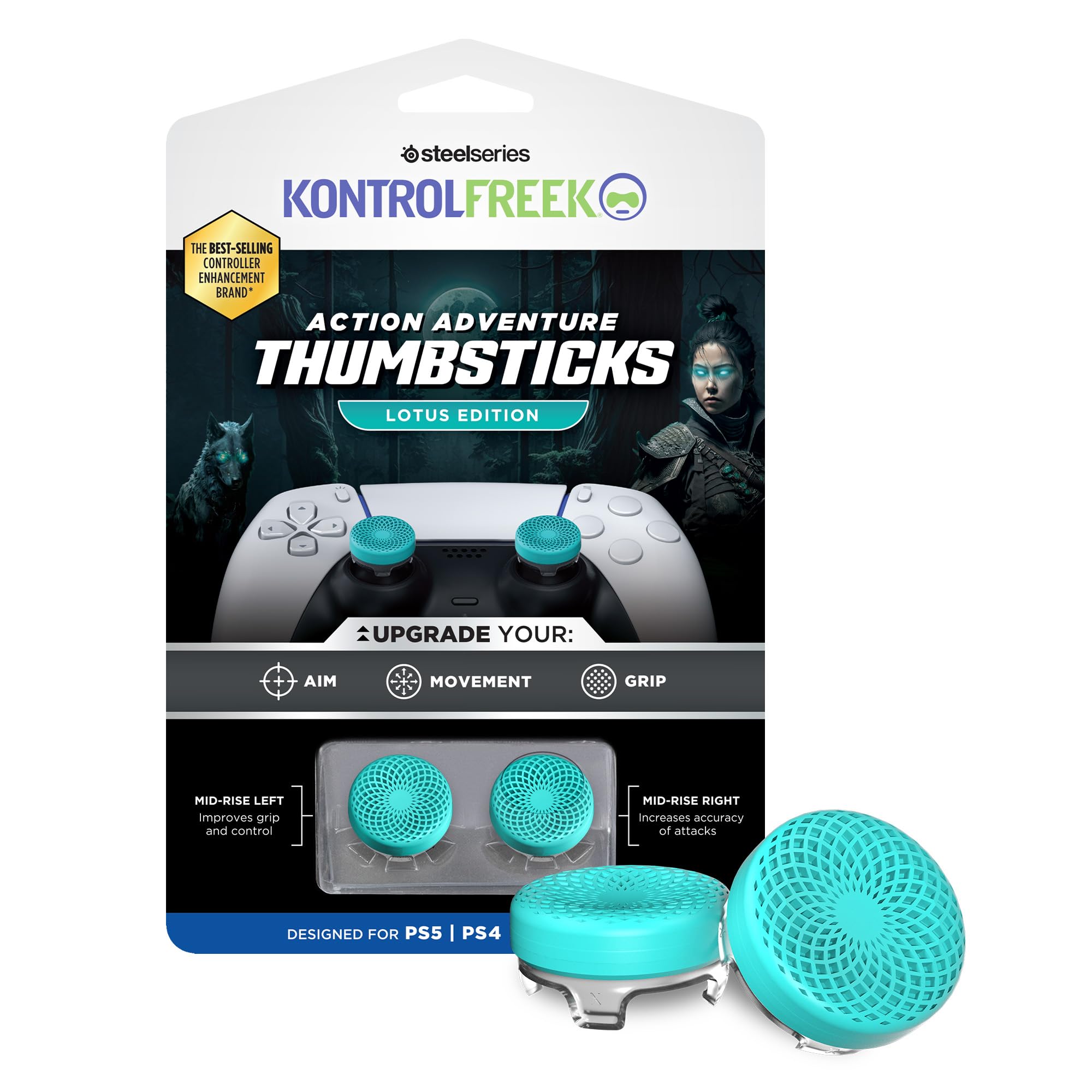 KontrolFreek Lotus for Playstation 5 (PS5) and Playstation 4 (PS4) | Performance Thumbsticks | 2 Mid-Rise Concave | Teal/Clear