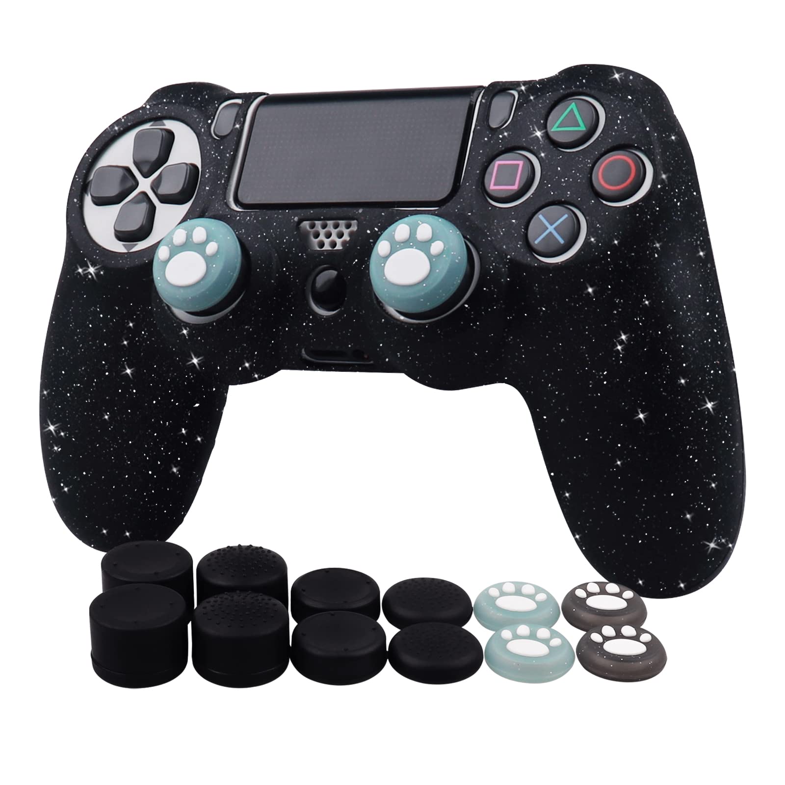 RALAN Controller Skin for PS4 Glitter Anti-Slip Silicone Cover Protector Compatible with PS4 Slim/PS4 Pro Wireless/Wired Gamepad Controller with 4 Cat Paw Thumb Grip Caps & Black Pro Thumb Grip x 8.