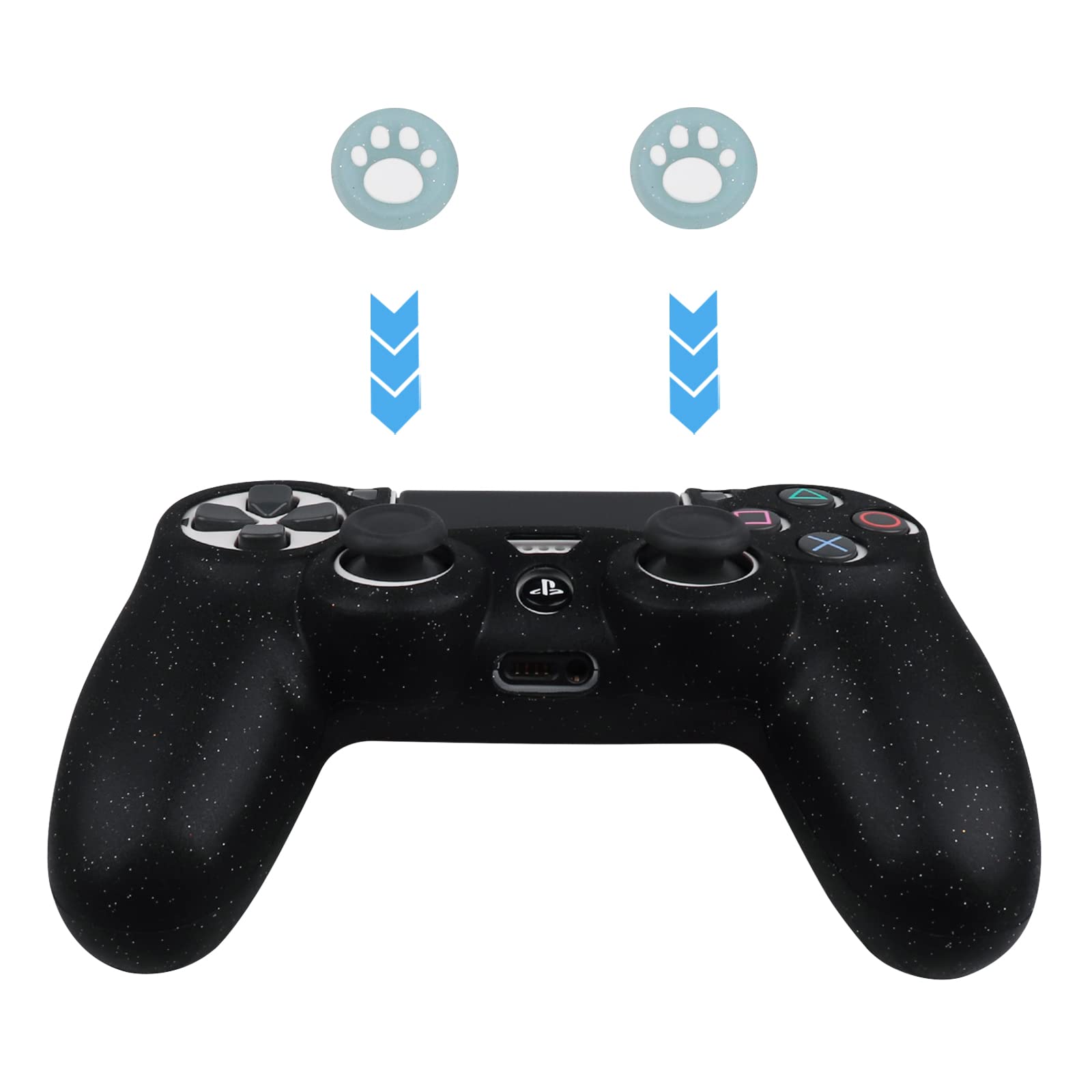 RALAN Controller Skin for PS4 Glitter Anti-Slip Silicone Cover Protector Compatible with PS4 Slim/PS4 Pro Wireless/Wired Gamepad Controller with 4 Cat Paw Thumb Grip Caps & Black Pro Thumb Grip x 8.