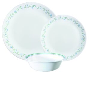 corelle vitrelle glass 12-piece country cottage chip and break resistant dinner set, green/blue - 3029b