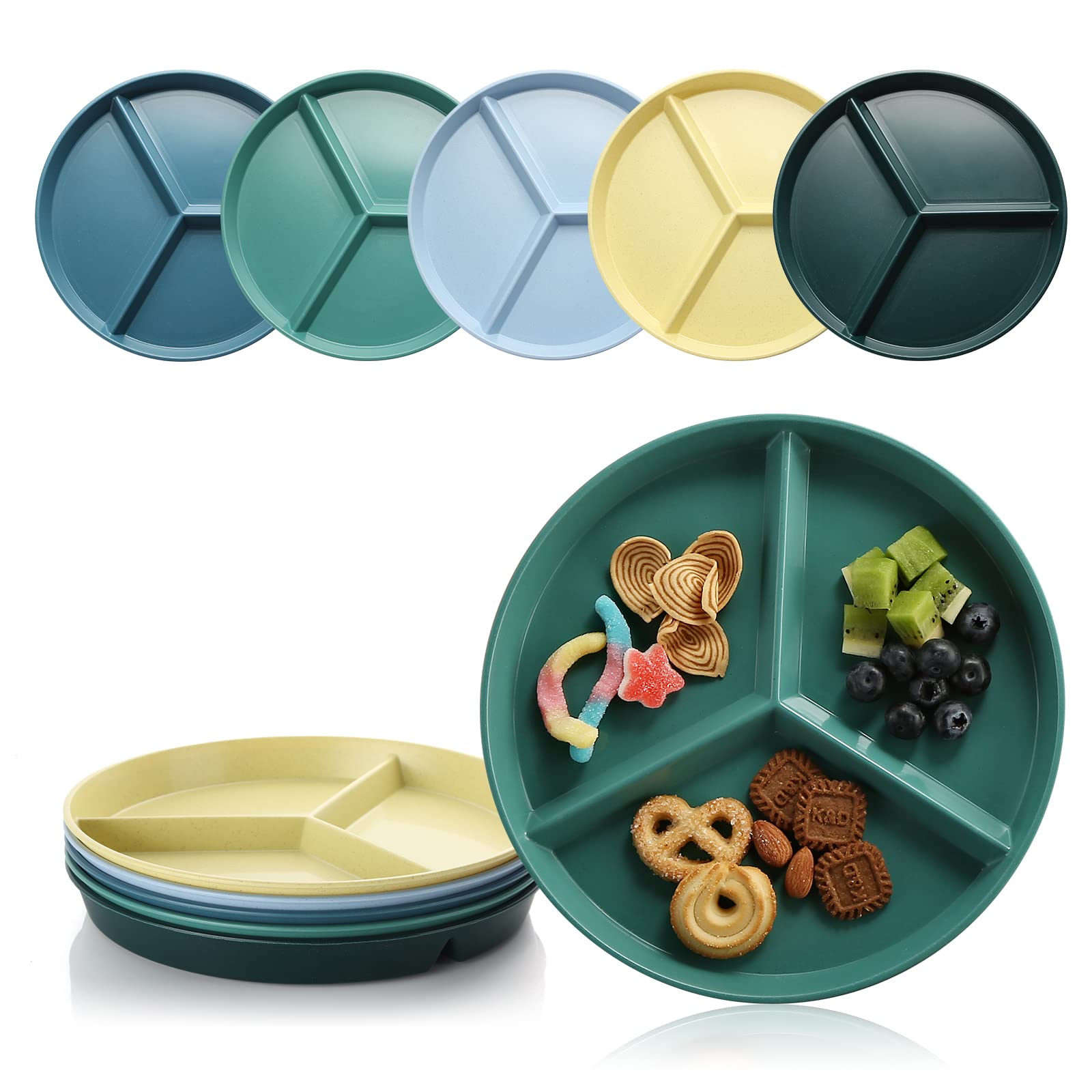 DLF. DONGLINFENG Adult Compartmentalized Dinner Plate 9.6 Inch Portion Control Wheat Plastic Dinner Plate (Portion Plate/Picnic Plate) 5 Colors