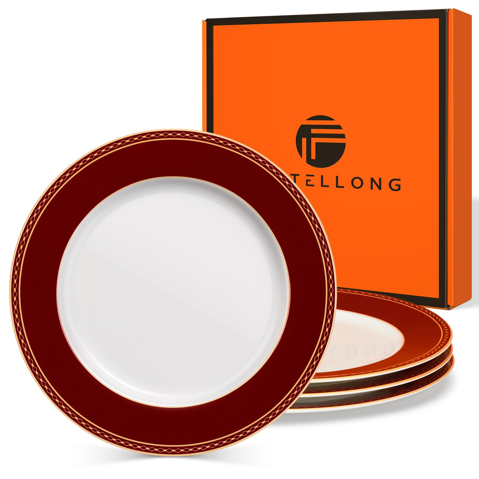 FASTELLONG Red Dessert Plates Set of 4, 8 inch Porcelain Salad Plates, Lightweight Ceramic Outdoor Kitchen Dinner Plates, Dishwasher & Microwave Safe China Gift