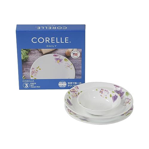 CORELLE CP-8942 3-Piece Set, Medium Plate, Deep Plate, Small Bowl, Break-Resistant, Lightweight, Microwave Safe, Oven Safe, Dishwasher Safe, Daily, Violet Mist