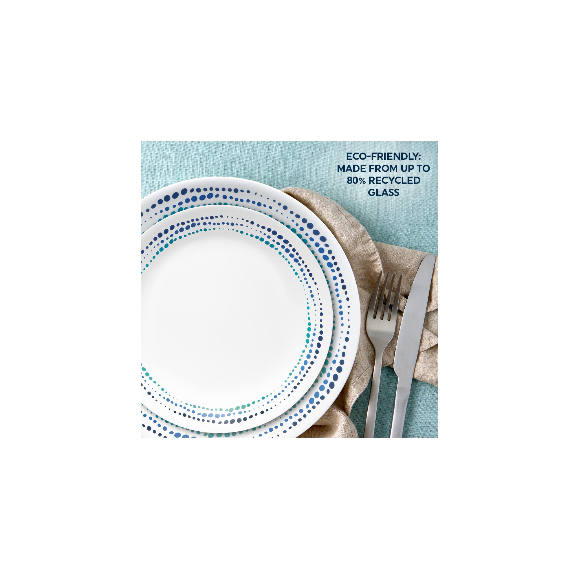 Corelle Ocean Blues 16pc, Service for 4, Dinnerware Set, 8 Plates 8 Bowls, Chip & Break Resistant, Dinner Plates and Dinner Bowls, Corelleware Plates, White