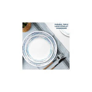 Corelle Ocean Blues 16pc, Service for 4, Dinnerware Set, 8 Plates 8 Bowls, Chip & Break Resistant, Dinner Plates and Dinner Bowls, Corelleware Plates, White