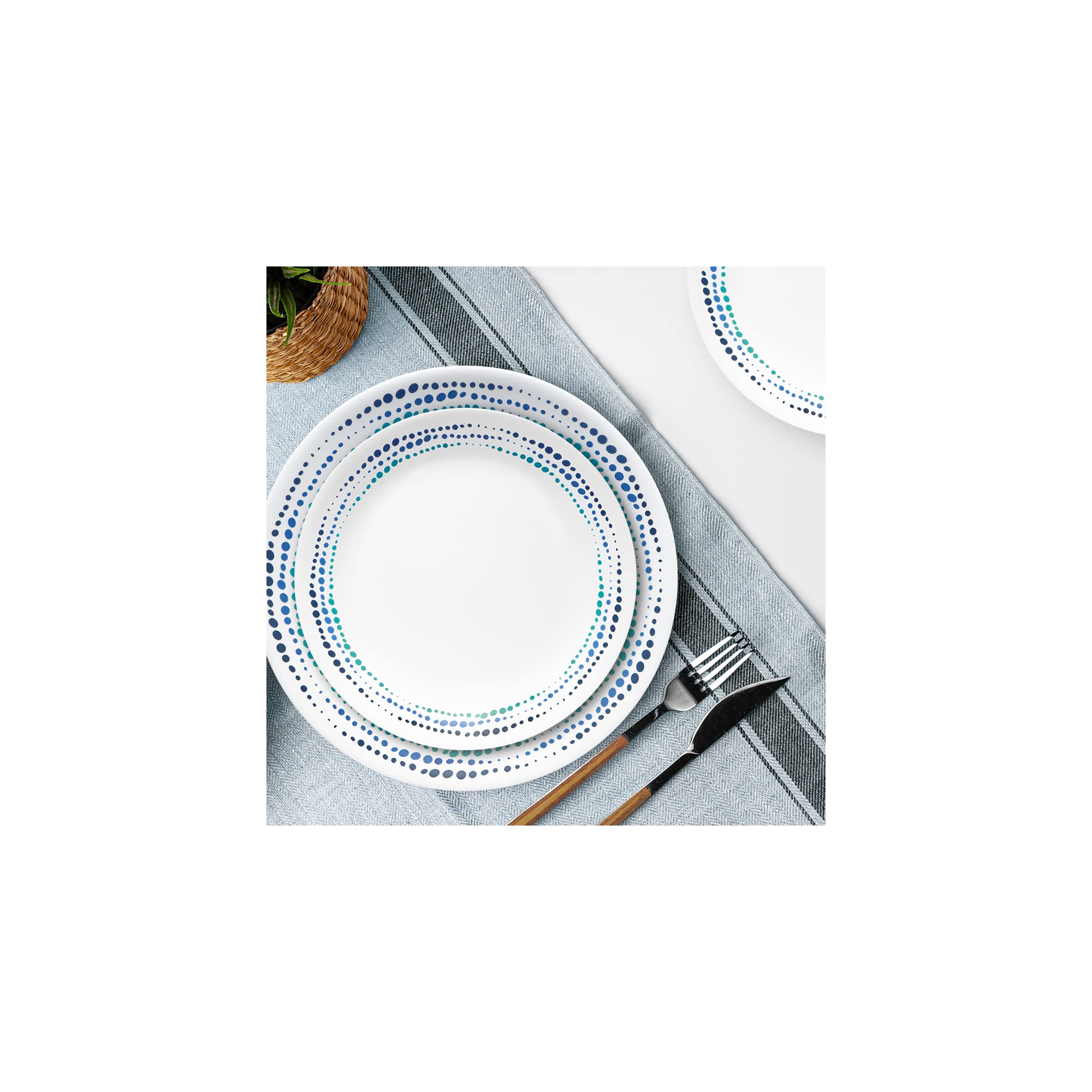 Corelle Ocean Blues 16pc, Service for 4, Dinnerware Set, 8 Plates 8 Bowls, Chip & Break Resistant, Dinner Plates and Dinner Bowls, Corelleware Plates, White