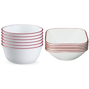 corelle,glass 28oz red band bowl 6pk & vitrelle 6-piece (22-oz) cereal soup bowls, triple layer glass and chip resistant, lightweight square dinnerware bowl set, splendor