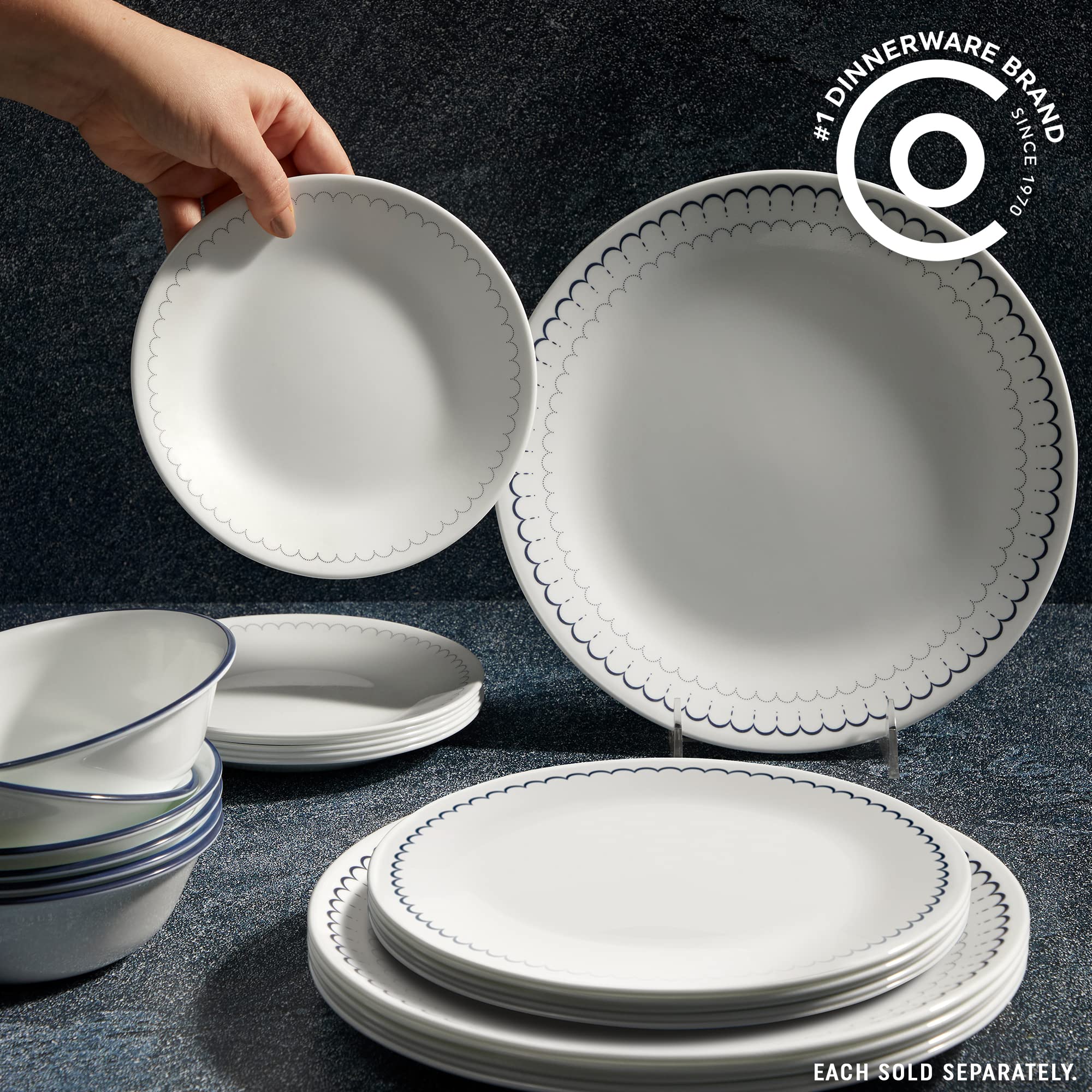 Corelle 18-Piece Dinnerware Set, Service for 6, Lightweight Round Plates and Bowls Set & 6-Piece 8.5" Lunch Round Plates, Vitrelle Triple Layer Glass, Lightweight Round Plates, Caspian