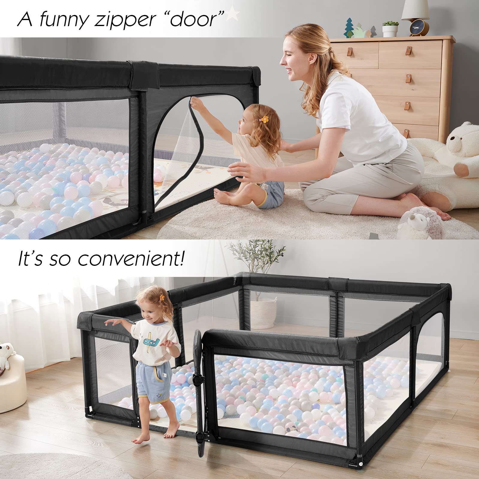 Baby Playpen,Large Playpen for Babies and Toddlers,Baby Play Pen Play Yard with Door, Sturdy Baby Fence with Safety Gate,Baby Play Yard with Soft Breathable Mesh,79”x59”Baby Gate Playpen,Black