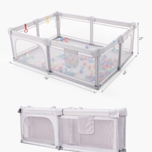 Baby Playpen Playard Foldable, Extra Large Playpen for Babies and Toddlers, Safe Sturdy Baby Fence Play Area with Gate, Removable Bottom, 79 x 59 x 27 Inches, Grey