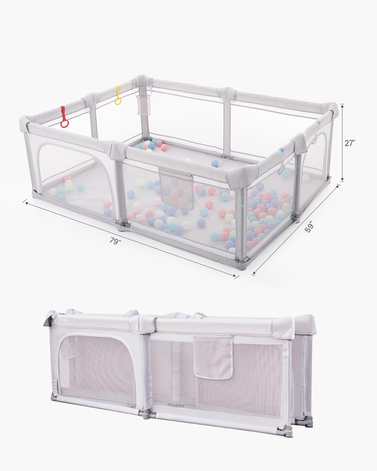 Baby Playpen Playard Foldable, Extra Large Playpen for Babies and Toddlers, Safe Sturdy Baby Fence Play Area with Gate, Removable Bottom, 79 x 59 x 27 Inches, Grey