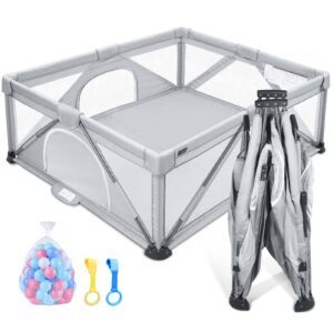 angelbliss baby playpen, foldable playpen for babies and toddlers, indoor & outdoor baby activity center with visible breathable mesh, portable play yard with 2 handlers+50 balls-59”×71”（grey）