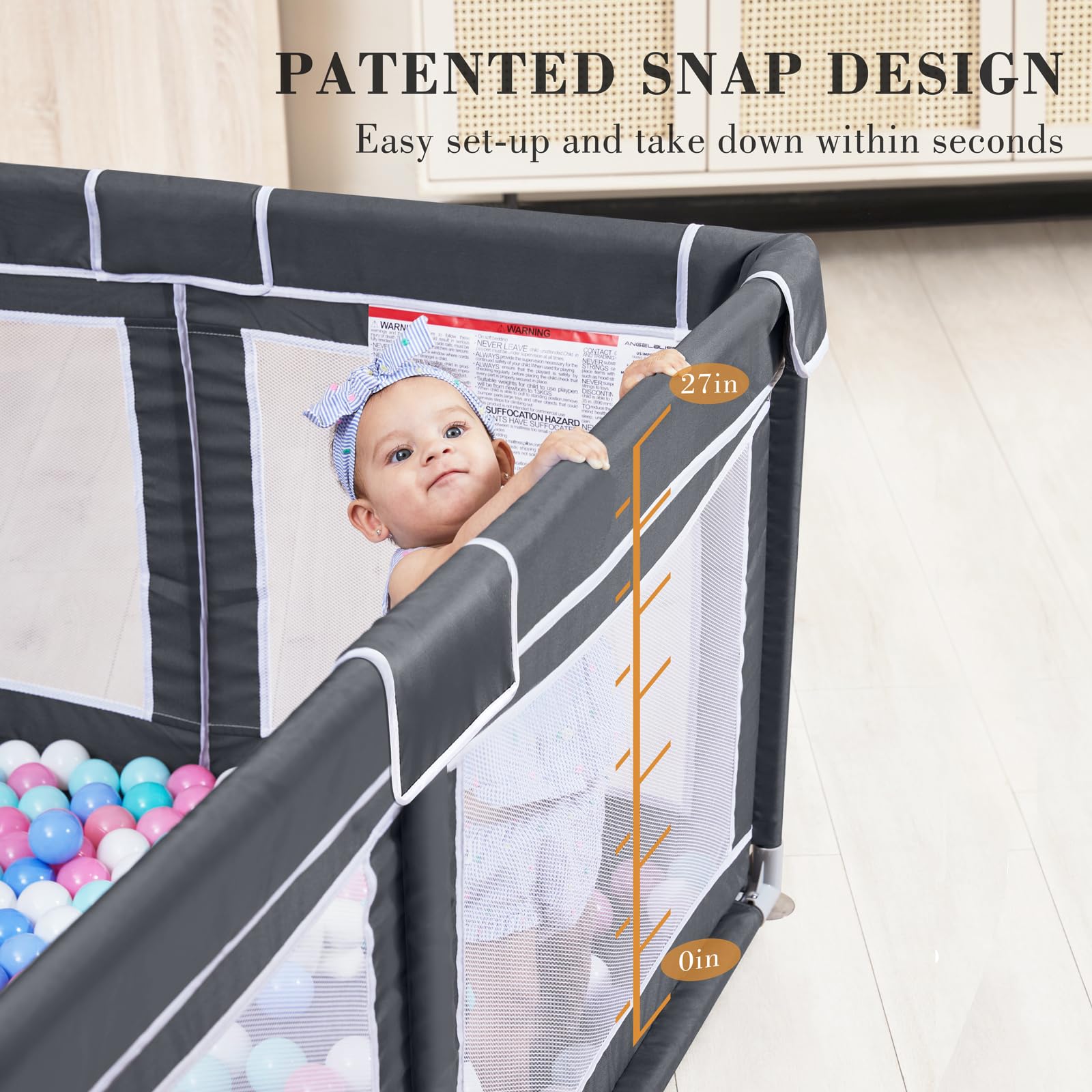 ANGELBLISS Baby Playpen, Extra Large Playard, Indoor & Outdoor Kids Activity Center with Anti-Slip Base, Sturdy Safety Play Yard with Breathable Mesh, Kid's Fence for Toddlers(Dark Grey,79”x71”)