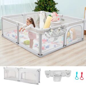 baby playpen foldable 79x59 playpen for babies and toddlers, adjustable play pen for toddlers 1-3 baby fence baby play yards for indoor & outdoor baby gate playpen with packing bag, light grey