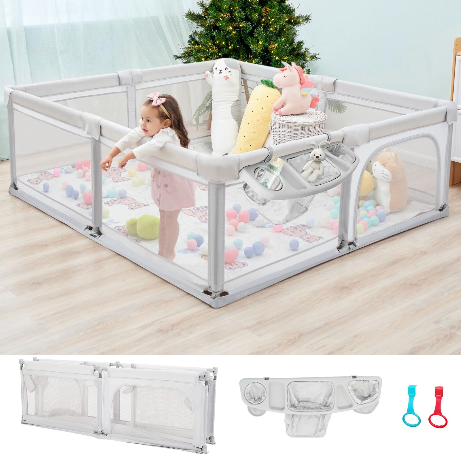 Baby Playpen Foldable 79x59 Playpen for Babies and Toddlers, Adjustable Play Pen for Toddlers 1-3 Baby Fence Baby Play Yards for Indoor & Outdoor Baby Gate Playpen with Packing Bag, Light Grey